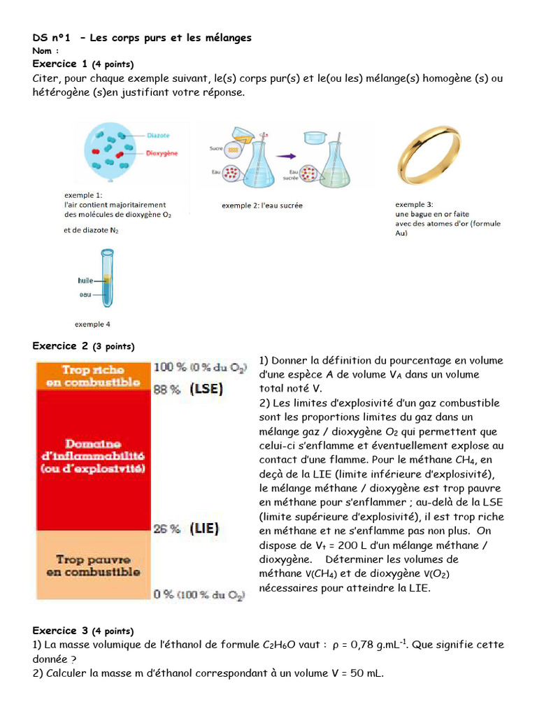 Corps purs et mélanges : exercices pratiques | PDF | Méthane | Gaz
