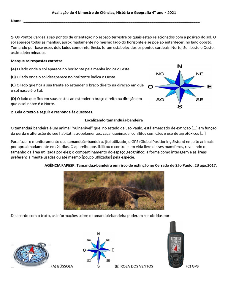 Avaliação de Ciências e Geografia 4º Ano | PDF | Ano | Calendário