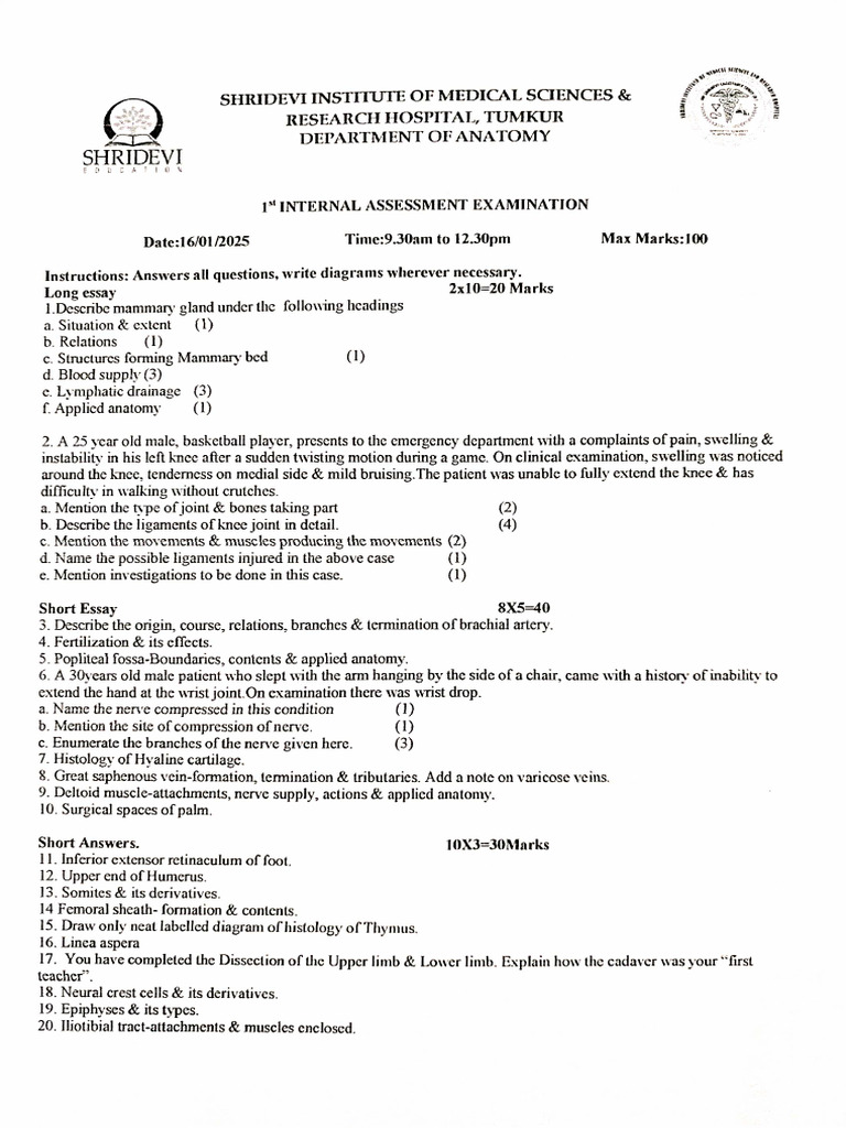 Mbbs 1st Internal QP | PDF