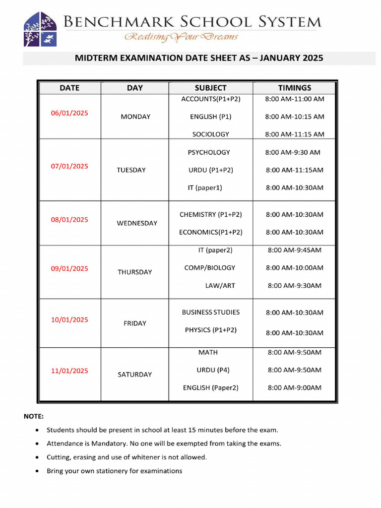 AS MIDTERM DATE SHEET 2025[1]-1 | PDF