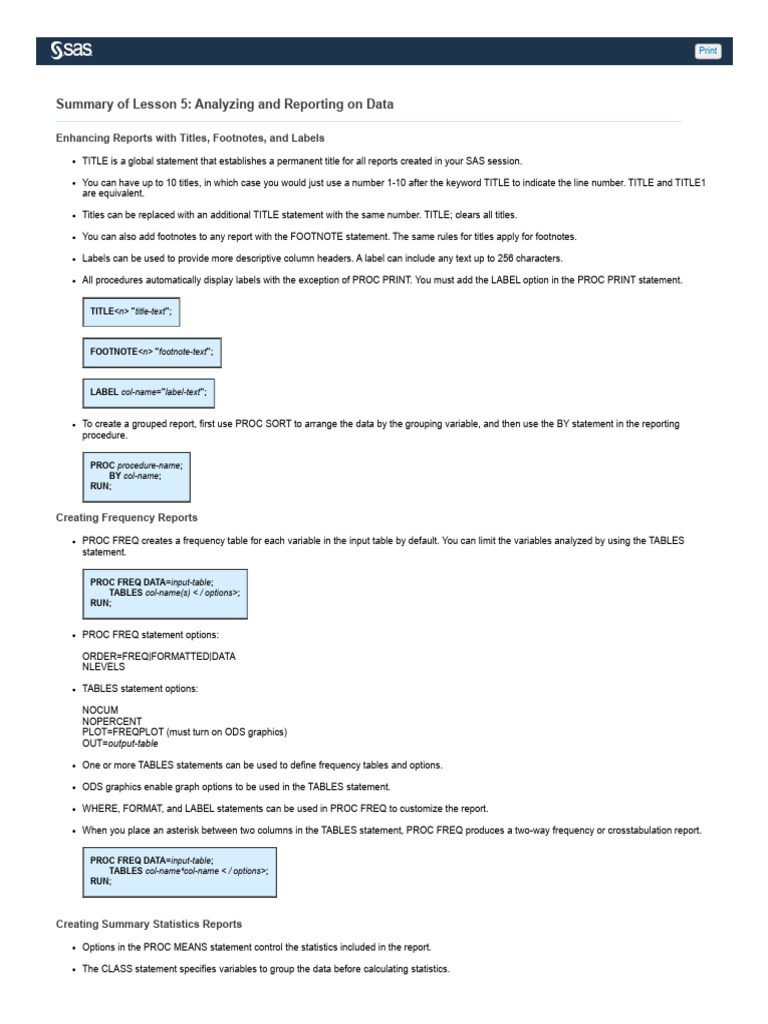 EPG1V2_Summary of Lesson 5_ Analyzing and Reporting on Data | PDF | Sas ... EPG1V2_Summary of Lesson 5_ Analyzing and Reporting on Data | PDF | Sas ...