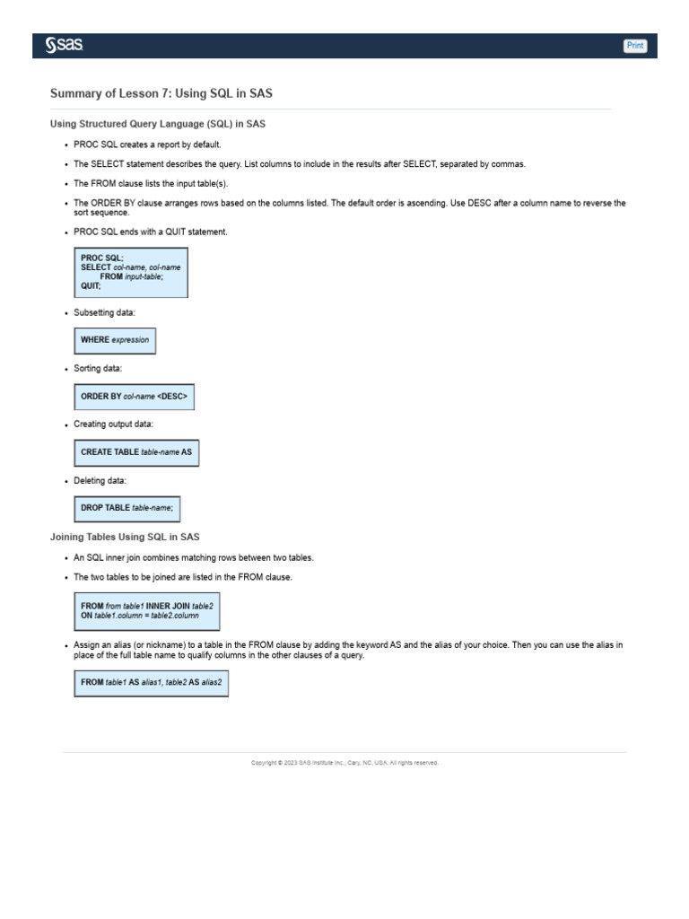 EPG1V2_Summary of Lesson 7_ Using SQL in SAS | PDF