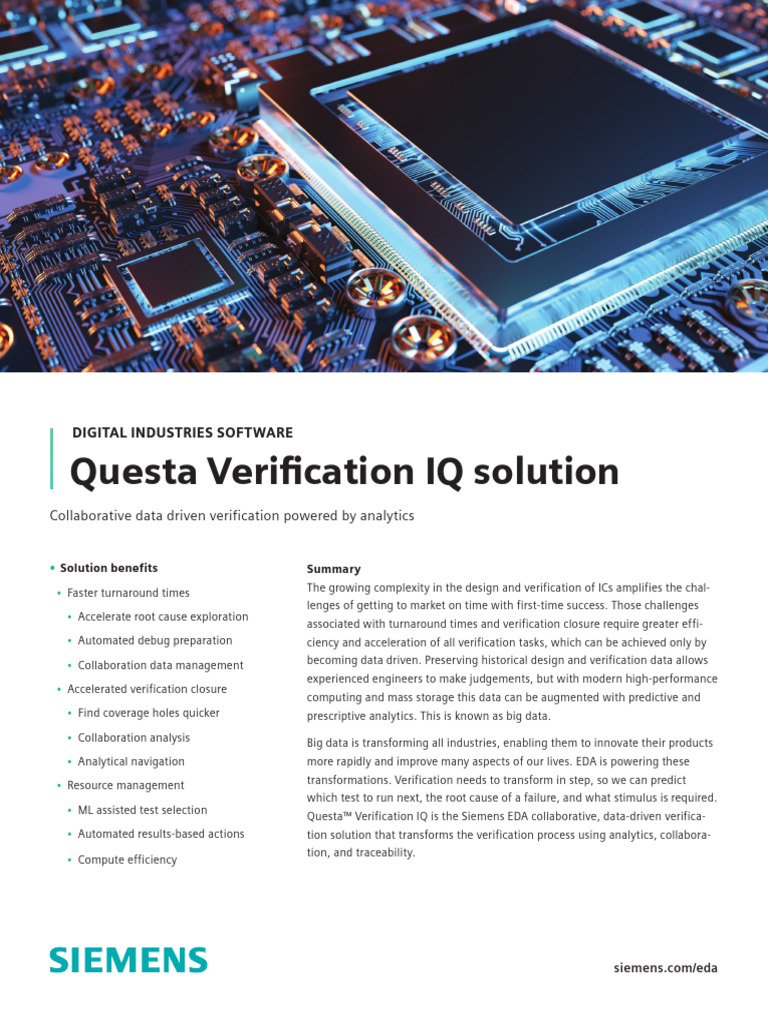 Questa Verification Iq Solution - Siemens Eda - Fact Sheet | PDF | Analytics | Machine Learning