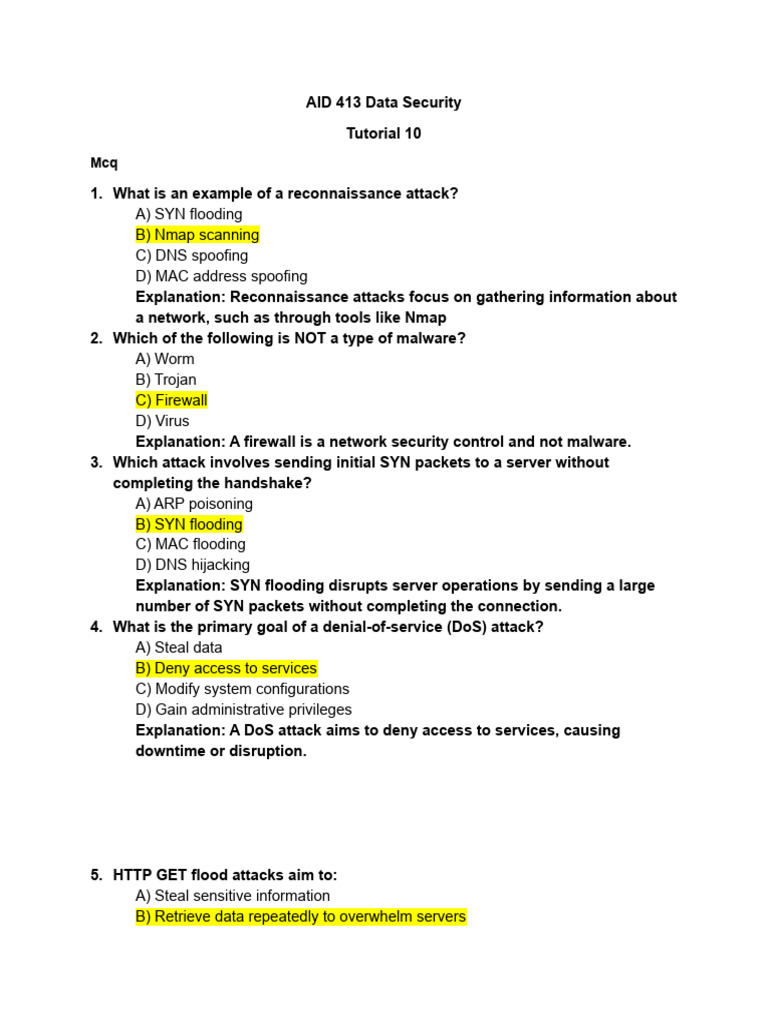 Data Security Tutorial 10 - Solutions | PDF | Denial Of Service Attack ...