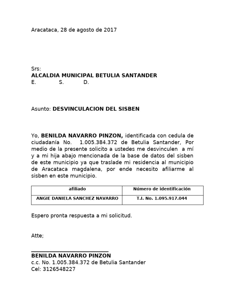 Desvinculacion A Sisben | PDF