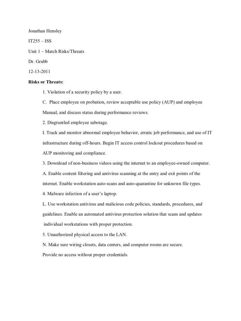 IT255 Risks and Threats Handout | PDF