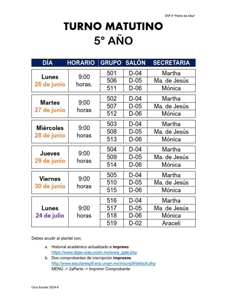 Horarios y Requisitos ENP 9 2024-0 | PDF