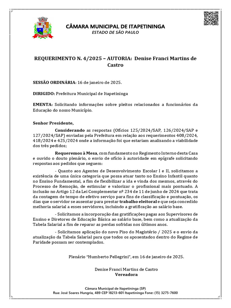 Requerimento 4 - 2025 - Documento Assinado | PDF | Salário | Vereador