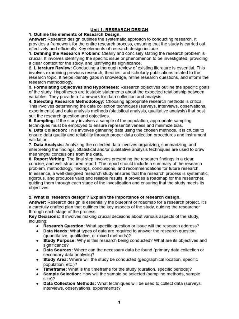 Unit 1- Research Design | PDF | Sampling (Statistics) | Methodology