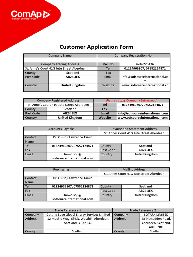 ComAp customer application form (1) | PDF | Invoice | Value Added Tax