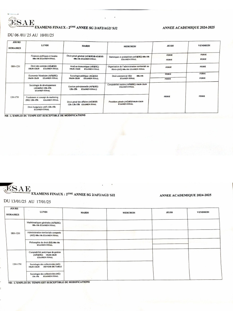 Calendrier Des Examens SG2 AF2 AG2 SJ2 | PDF