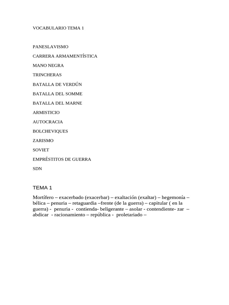 Vocabulario de la Primera Guerra Mundial | PDF