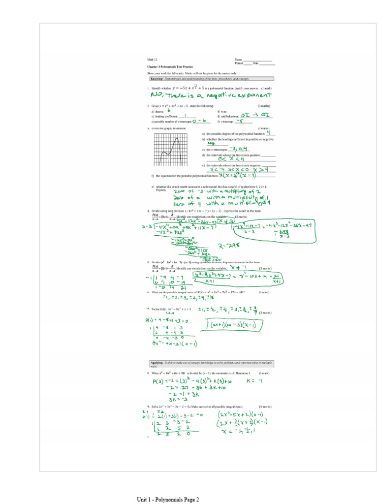 Unit 1 - Polynomials Practice Test Solutions | PDF