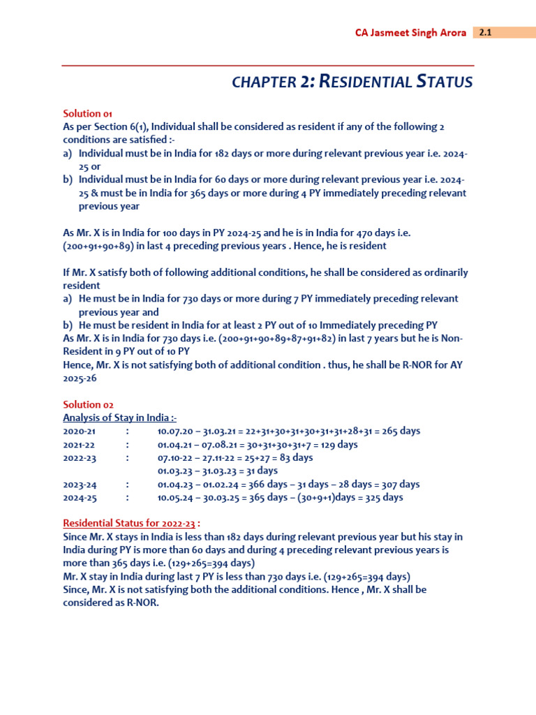 Chapter 2 Solution Residential Status | PDF | Capital Gain | Income
