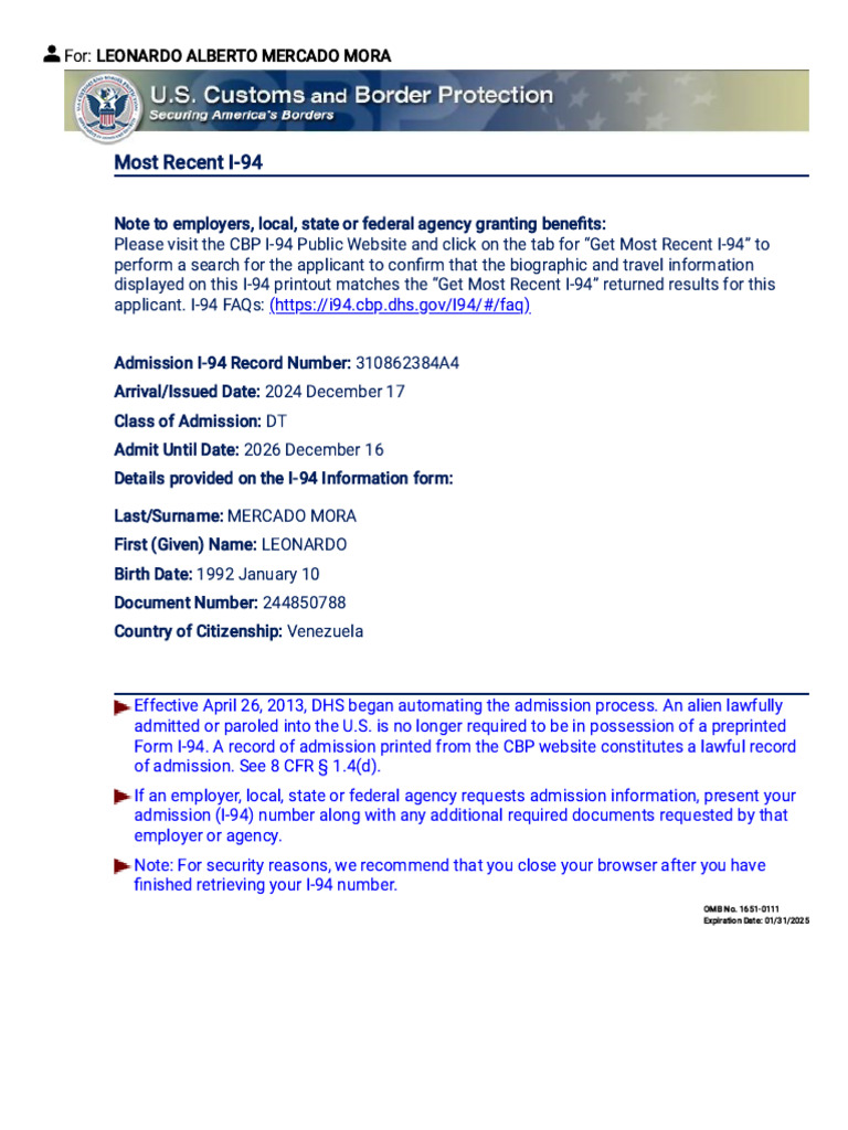 I-94 Official Website - Get Most Recent I-94 LEONARDO | PDF