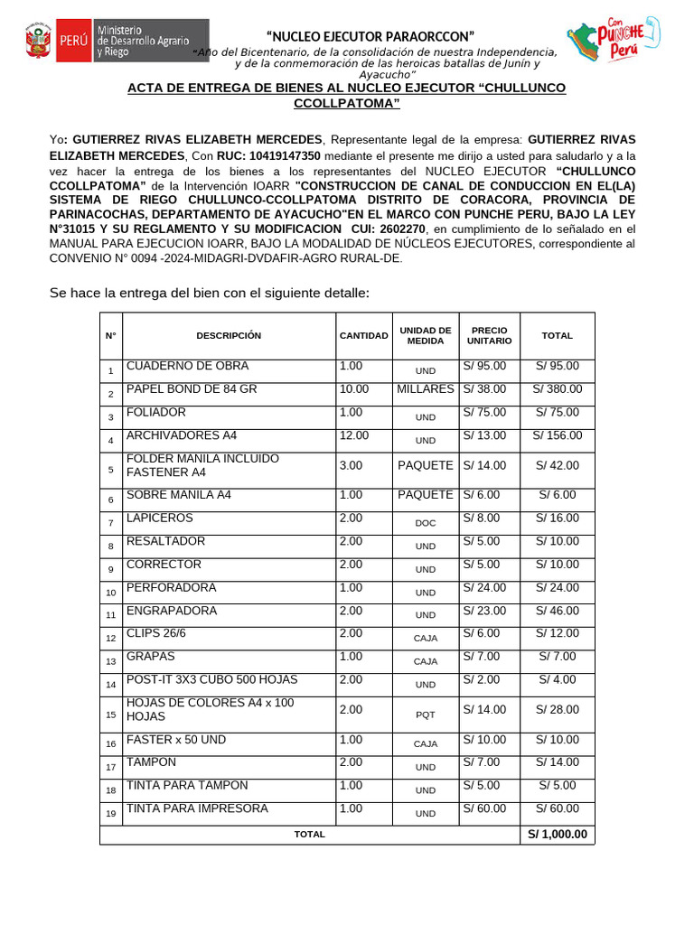 001 Acta de Entrega de Epps Utiles de Escritorio | PDF