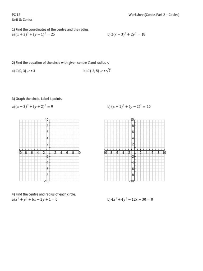 Lesson 2 - Worksheet Conics Part 2 Circles | PDF | Circle | Radius
