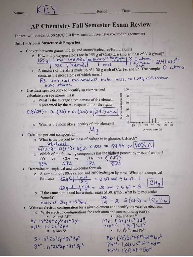 AP Chemistry Fall Semester Exam Review KEY | PDF