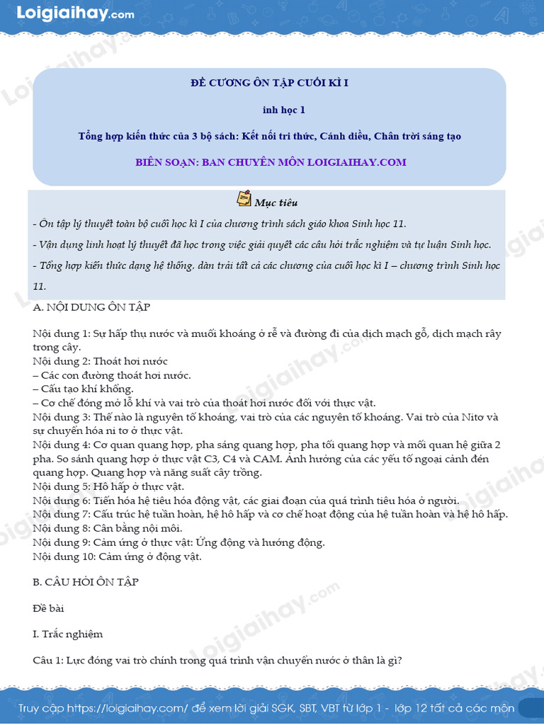 De Cuong On Tap Hoc Ki 1 Sinh Hoc 11 1732522013 | PDF