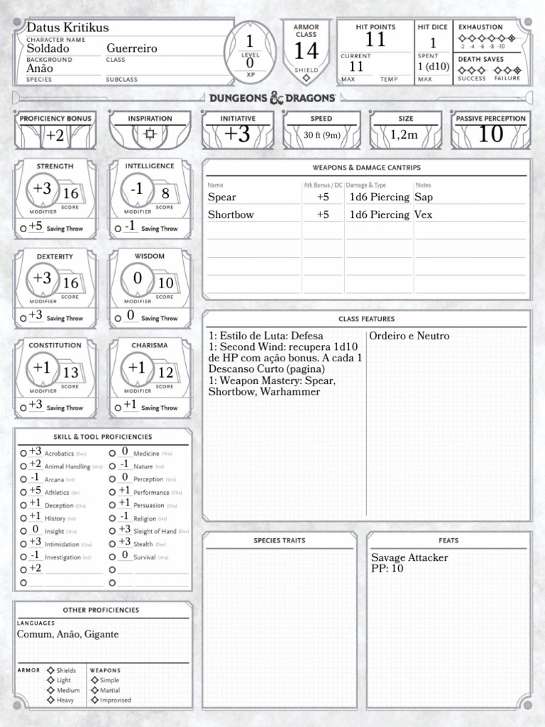 Ficha Pronta - Guerreiro Nível 1 - Datus Kritikus | PDF