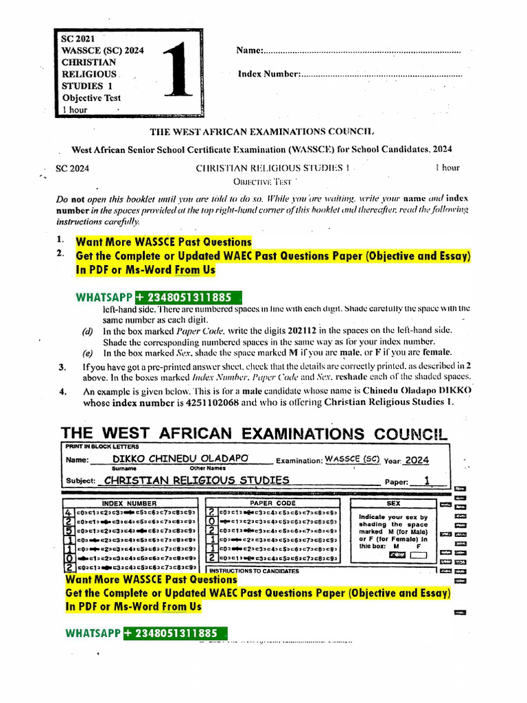 WAEC CRS Objective and Essay Past Questions and Answers | PDF