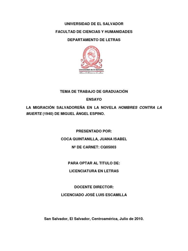 La Migración Salvadoreña en La Novela Hombres Contra La Muerte (1940) de Miguel Ángel Espino ...