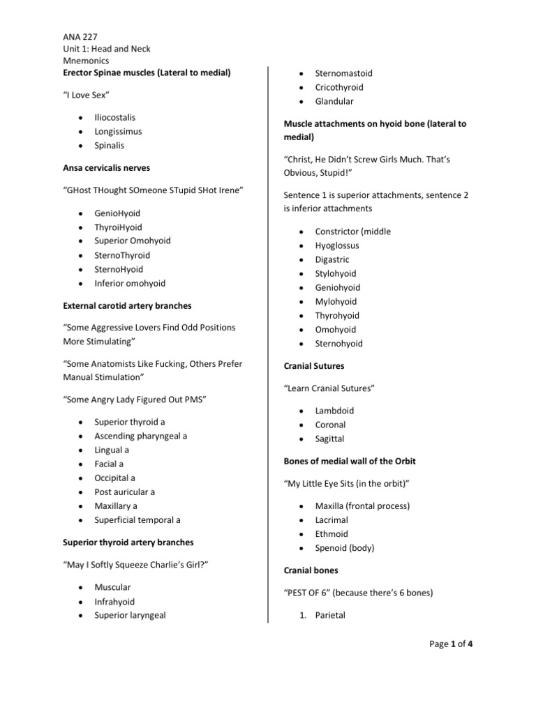 Head and Neck Anatomy Mnemonics | PDF | Human Anatomy | Primate Anatomy