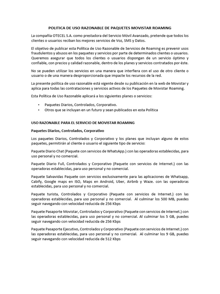 Politica Uso Razonable Roaming Paises Can | PDF | Itinerancia | Internet