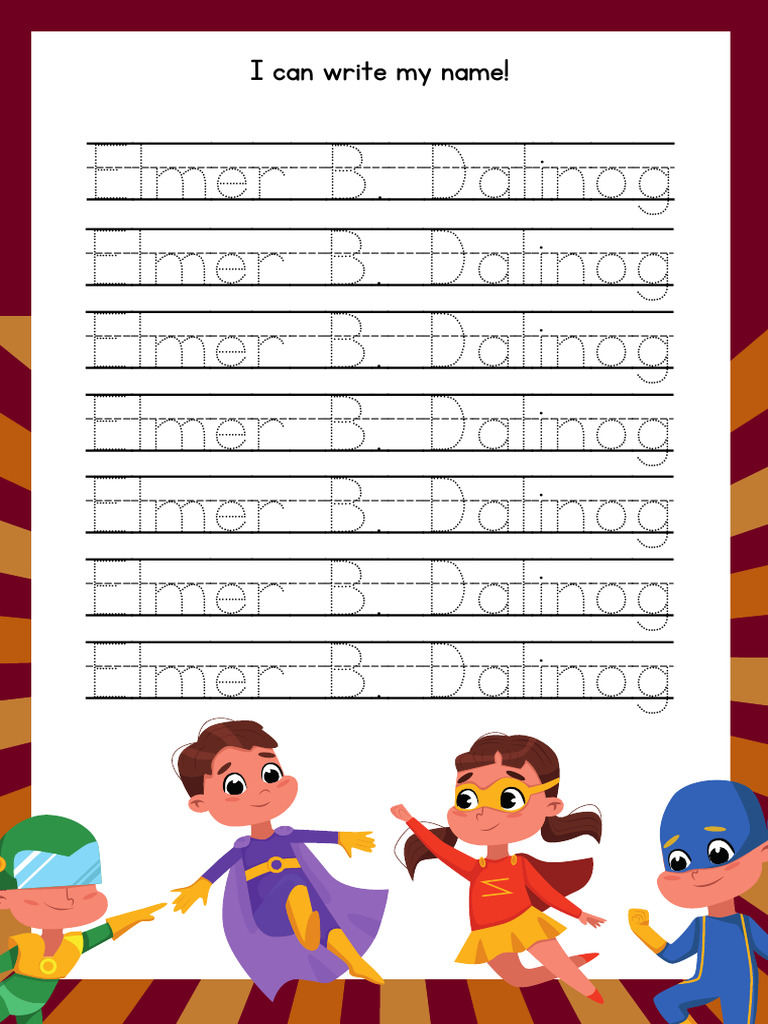 Red Fun Superhero Name Tracing Kindergarten Worksheet | PDF