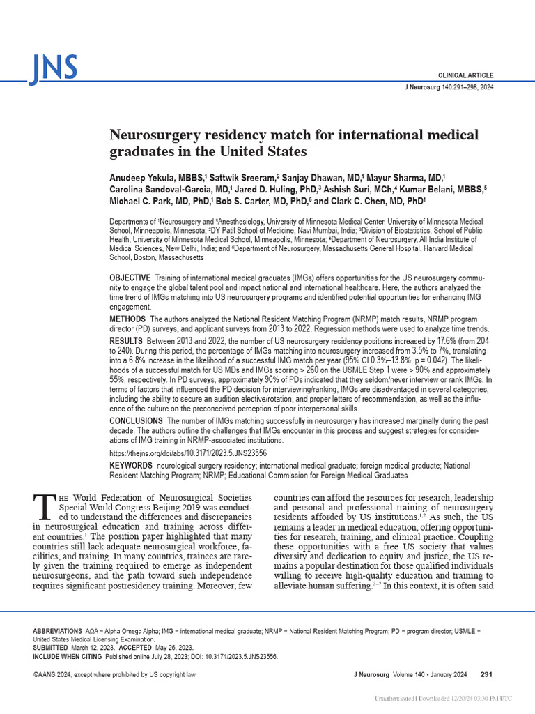J Neurosurg Article p291 | PDF | Residency (Medicine) | Doctor Of Medicine