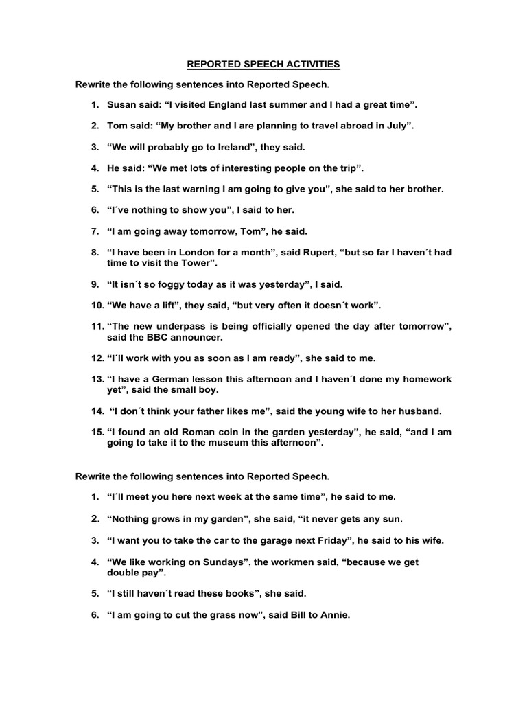 Reported Speech Activities (1º Bach) | PDF