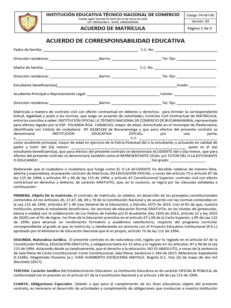 Acuerdo de Matricula | PDF | Debido al proceso | Institución