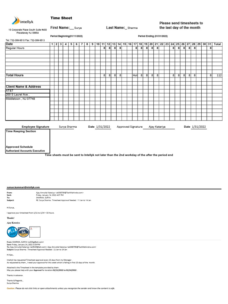 Surya Sharma January 2022 Timesheet | PDF | Computing