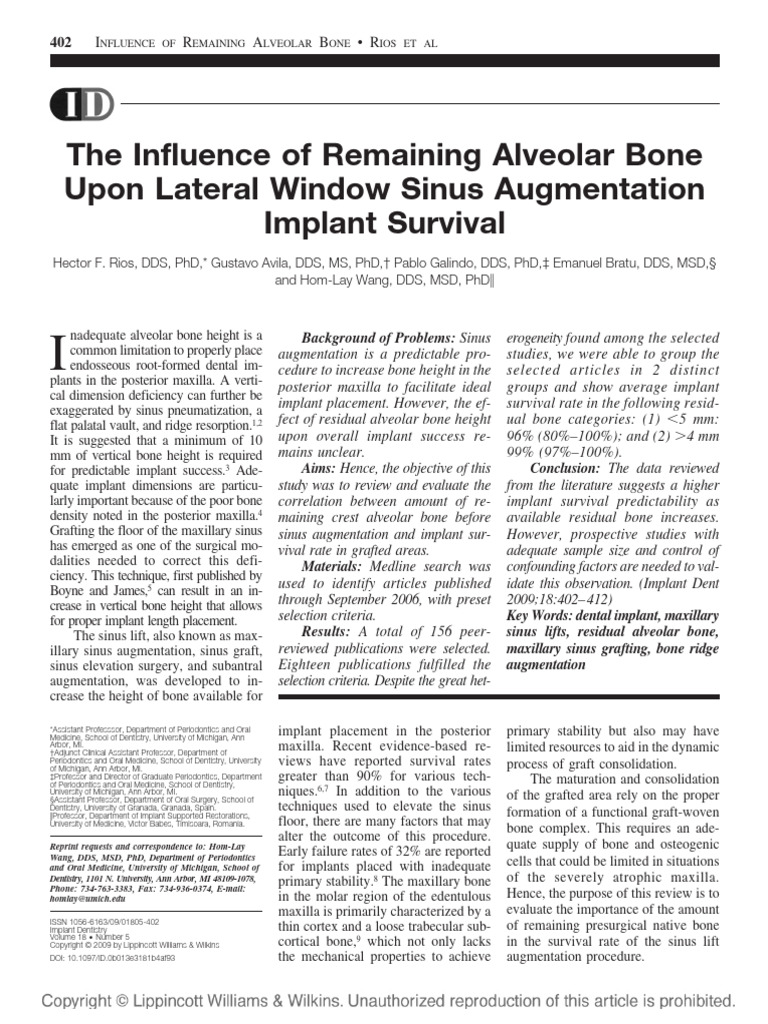 The Influence of Remaining Alveolar Bone Upon Lateral Window Sinus ...