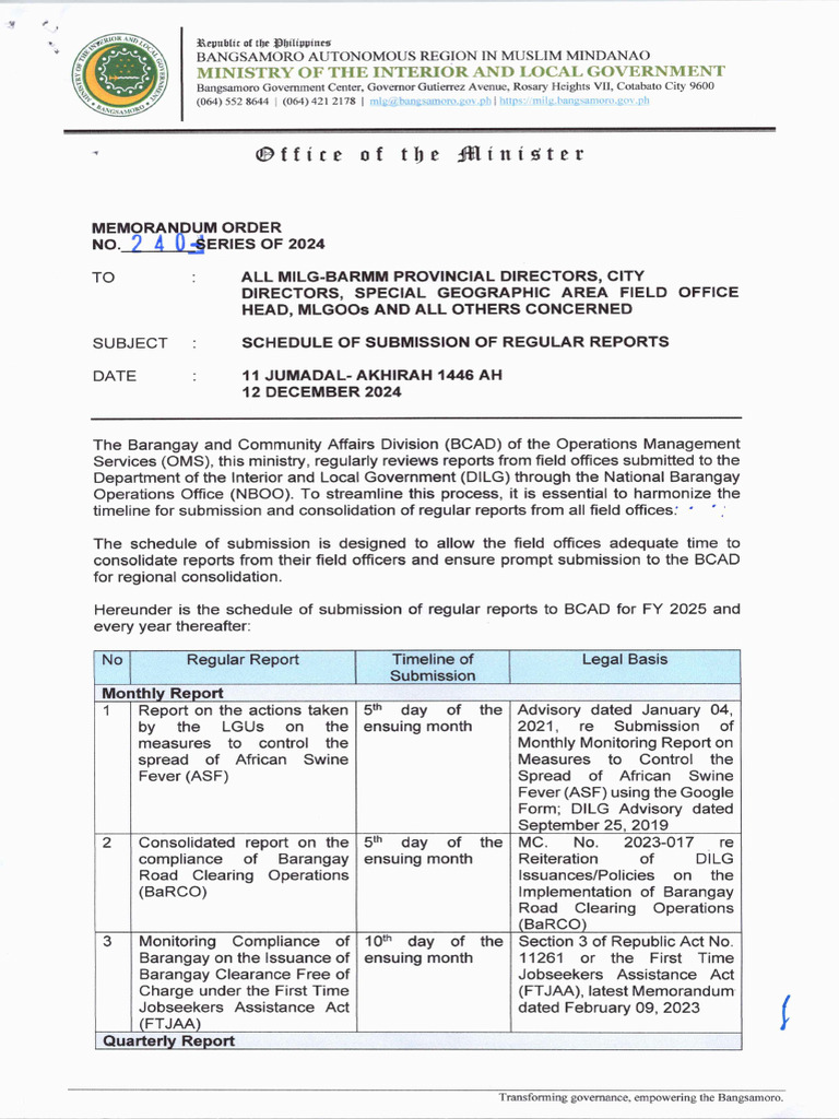 Memorandum Order No 240 Re Schedule of Submission of Regular ...