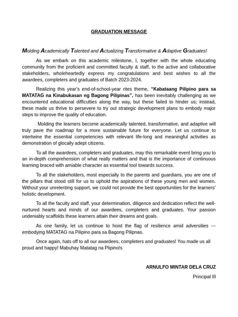 Graduation Message for Batch 2023-2024 | PDF