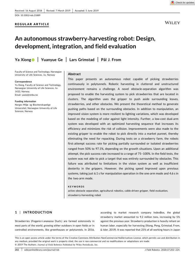 Journal of Field Robotics - 2019 - Xiong - An autonomous strawberry‐harvesting robot Design ...