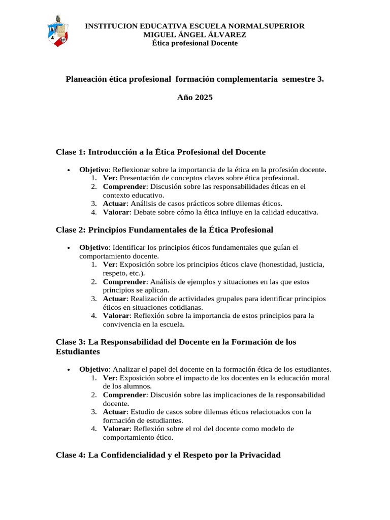 Planeación Ética Profesional Formación Complementaria Semestre 3 | PDF | Maestros | Salón de clases
