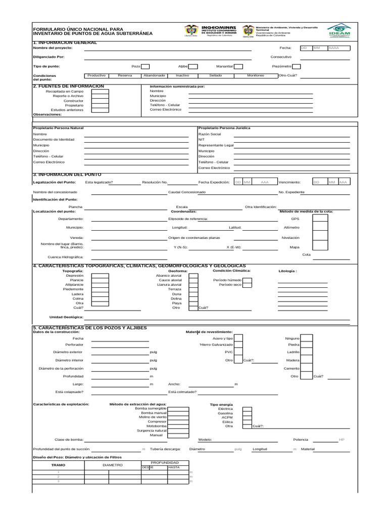 Formulario Unico Nacional MAVDT INGEOMINAS IDEAM Inventario Puntos de Agua Subterranea | PDF ...