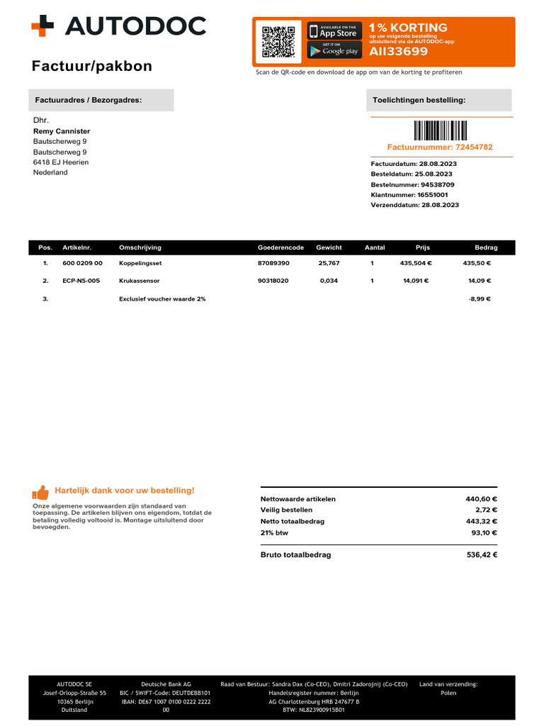 Factuur/pakbon: 11 % Korting AII33699 | PDF