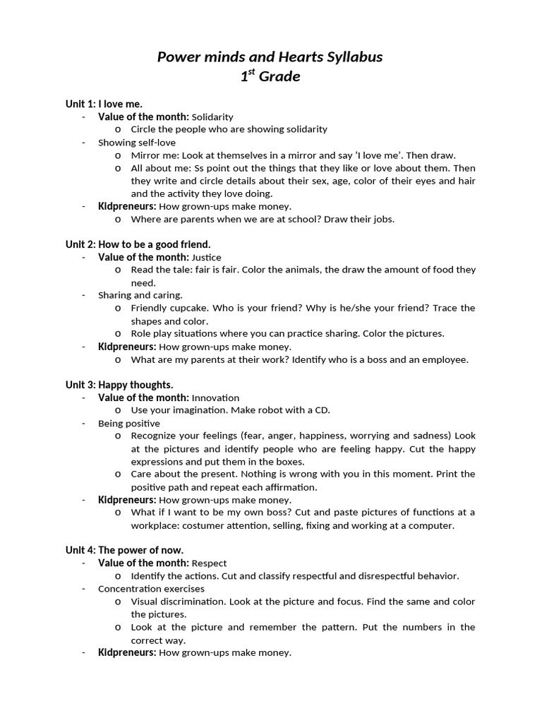 1st Grade Power Minds & Hearts Syllabus | PDF | Psychological Concepts ...