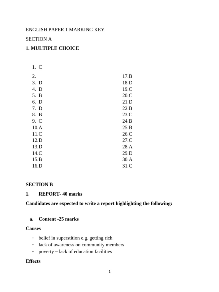 ENGLISH PAPER 1 MARKING KEY Xluster Mock | PDF
