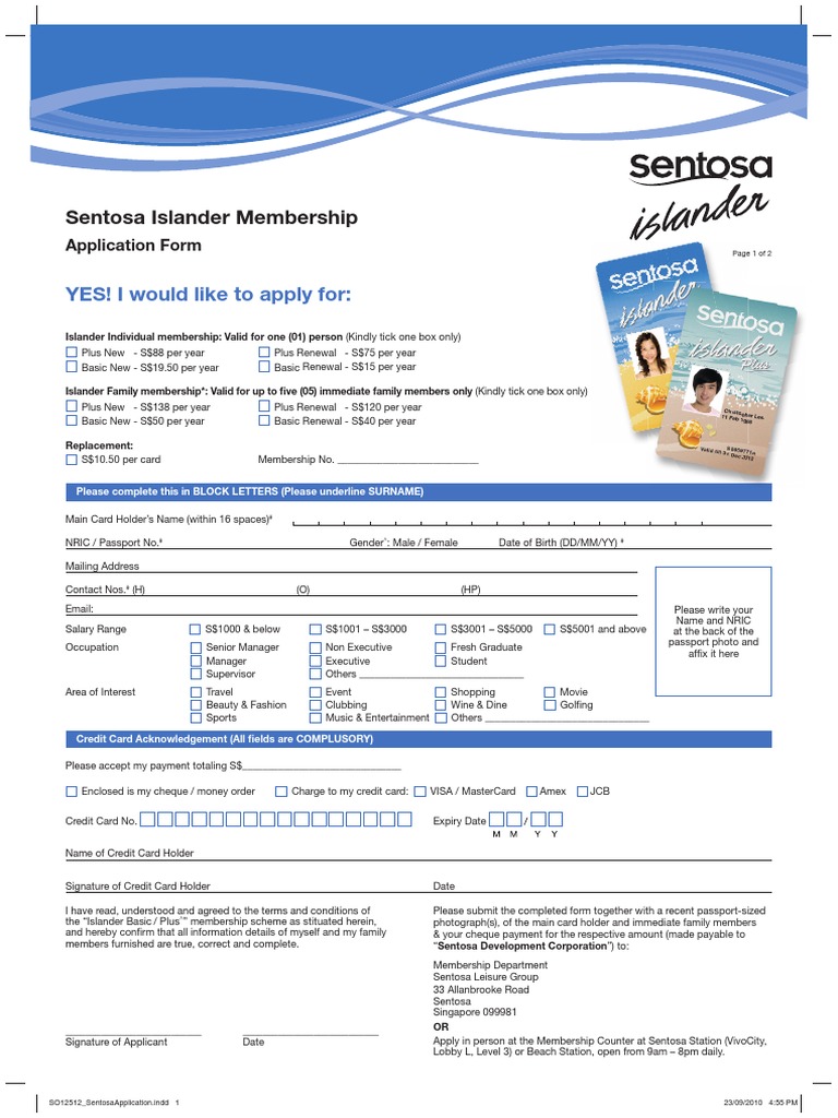 Sentosa Islander Membership Application Form | PDF | Passport | Credit Card