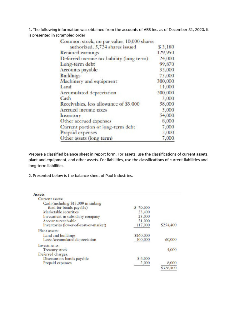 Balance Sheet Practice in Class | PDF