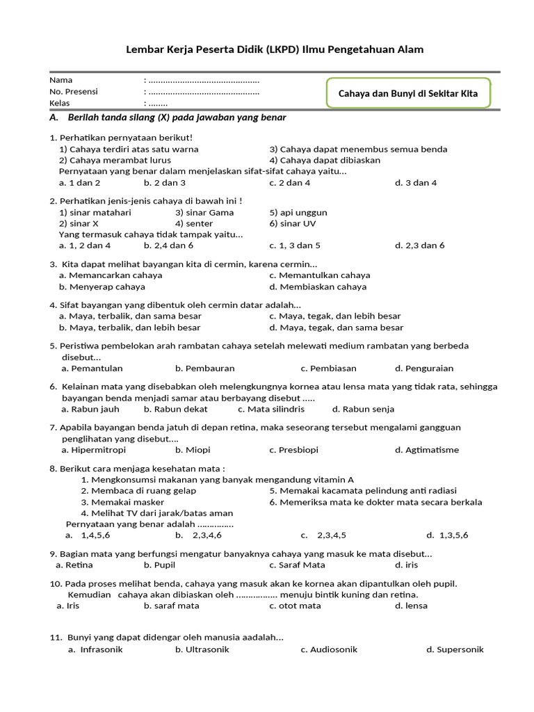 LKPD IPA Kelas 5 Cahaya Dan Bunyi | PDF