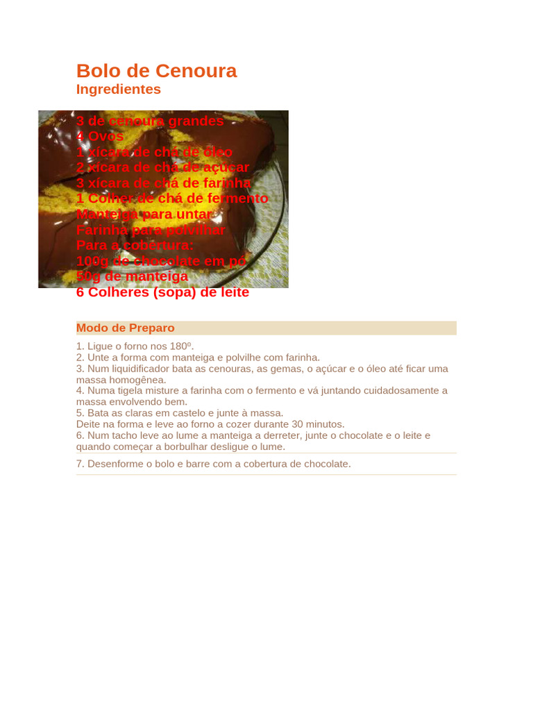 Bolo de Cenoura | PDF