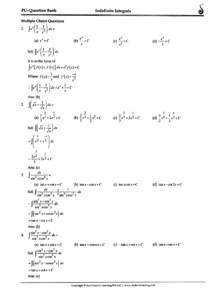 Indefinite Integrals Question Bank | PDF | Calculus | Mathematical Analysis