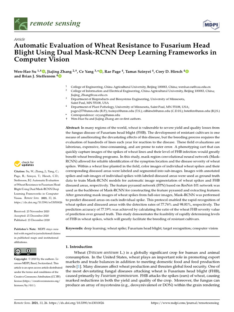 2021_Automatic Evaluation of Wheat Resistance to Fusarium Head Blight Using Dual Mask-RCNN Deep ...