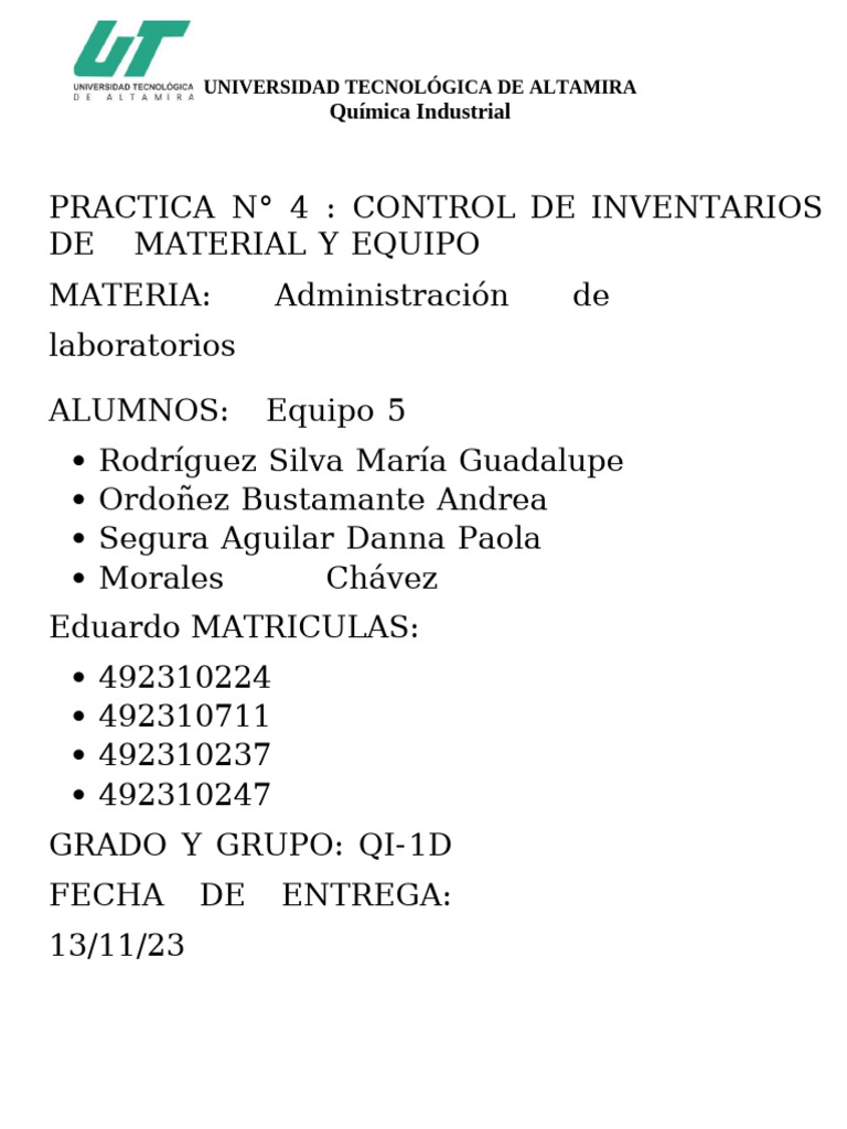 Practica No.4 Control de inventarios de material y equipo EQUIPO 5 | PDF | Laboratorios ...