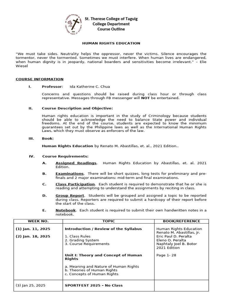 Human Rights Education - Prof. Ida Chua (SY 2024-2025) | PDF | Justice ...